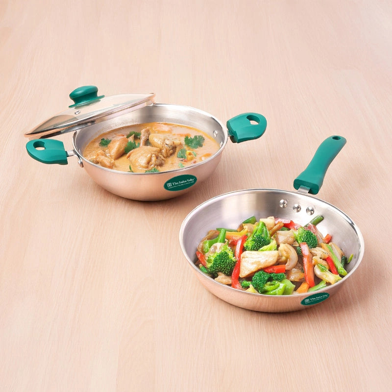 Premium Tri-ply Cookware Set: Kadai with Glass Lid(22cm)+ Frypan(22cm ...