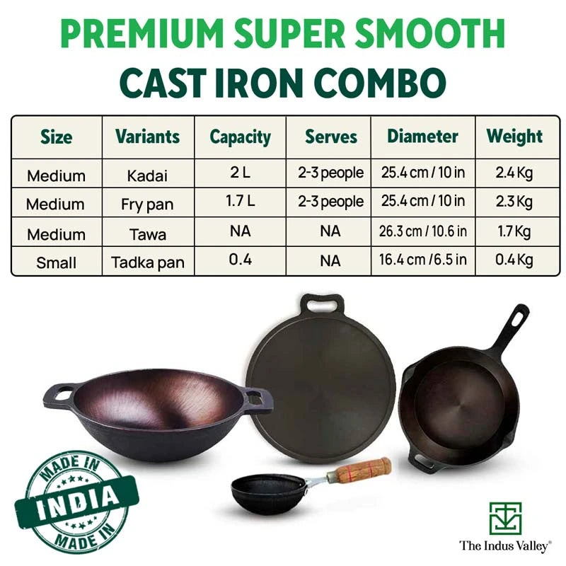 Super Smooth Cast Iron Set: Kadai+ Tawa+ Frying Pan | The Indus Valley